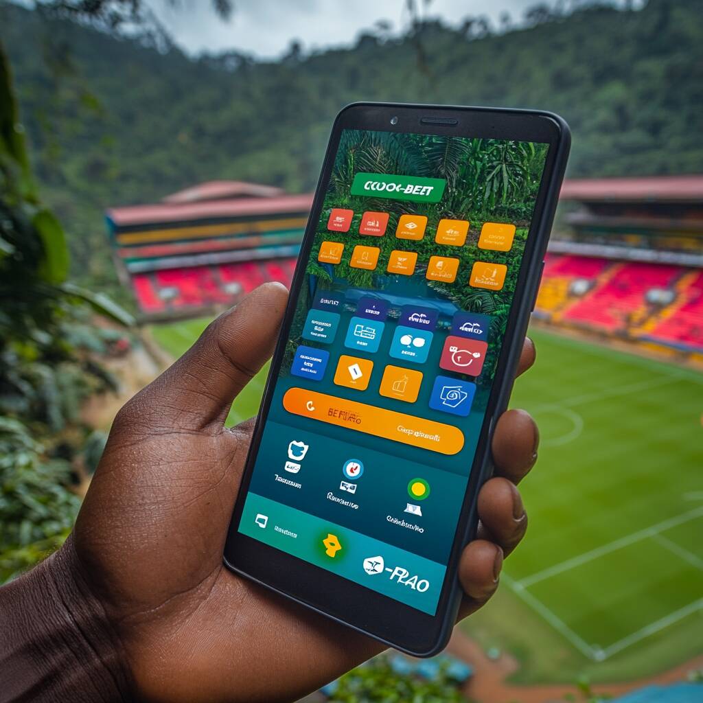 Congolese player using Congo-Bet app on phone with jungle in background